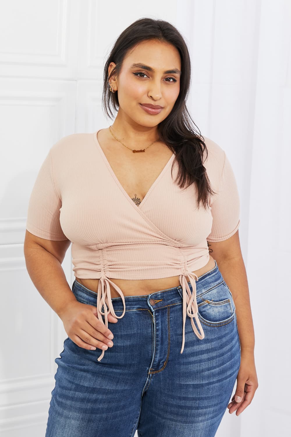 Capella Back To Simple Full Size Ribbed Front Scrunched Top in Blush ...